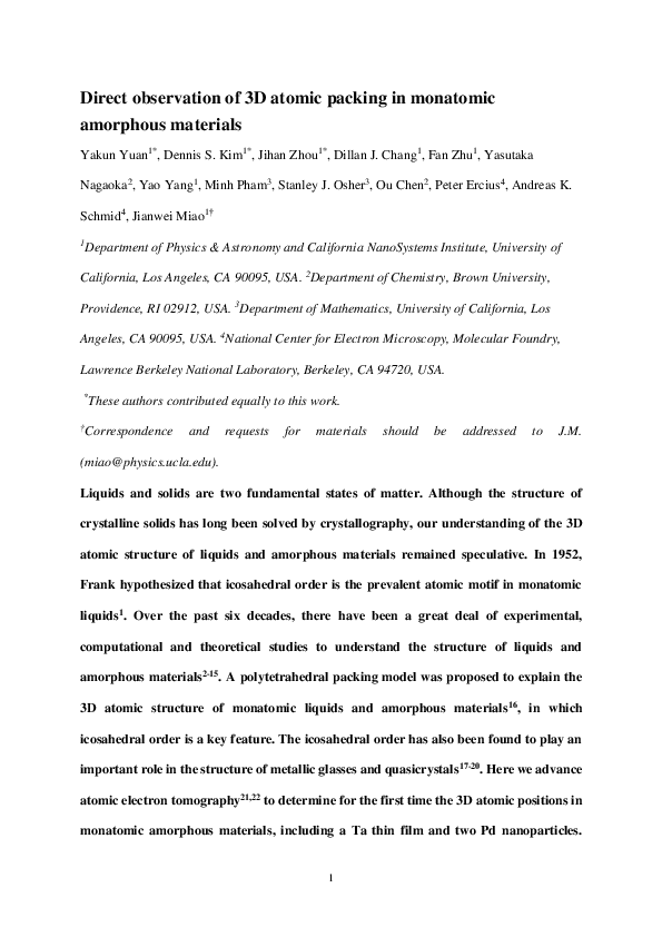 (PDF) Direct observation of 3D atomic packing in monatomic amorphous ...