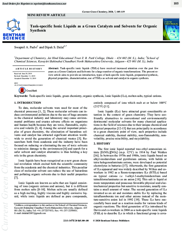 (PDF) Task-specific Ionic Liquids as a Green Catalysts and Solvents for Organic Synthesis