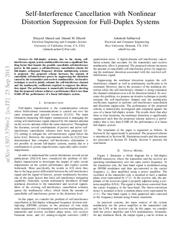 (PDF) Self-interference cancellation with nonlinear distortion suppression for full-duplex systems