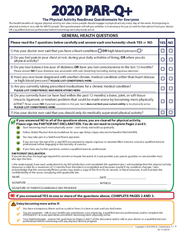 (PDF) The 2020 Physical Activity Readiness Questionnaire for Everyone (PAR-Q+) and electronic ...