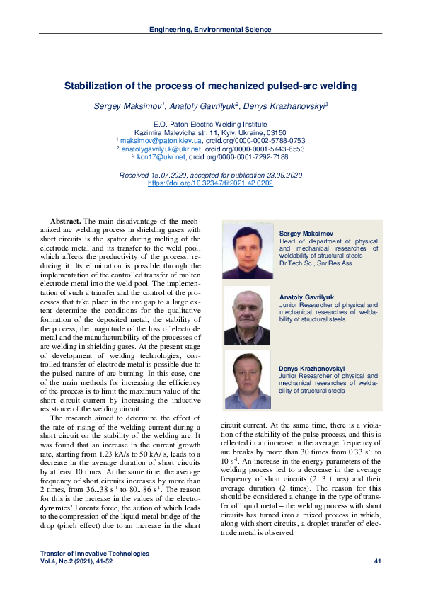 (PDF) Stabilization of the process of mechanized pulsed-arc welding