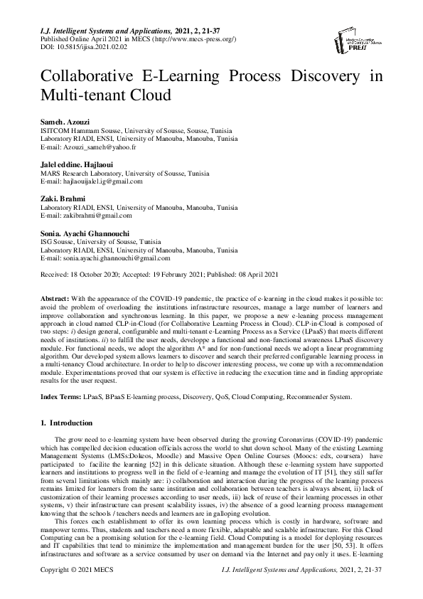 (PDF) Collaborative E-Learning Process Discovery in Multi-tenant Cloud