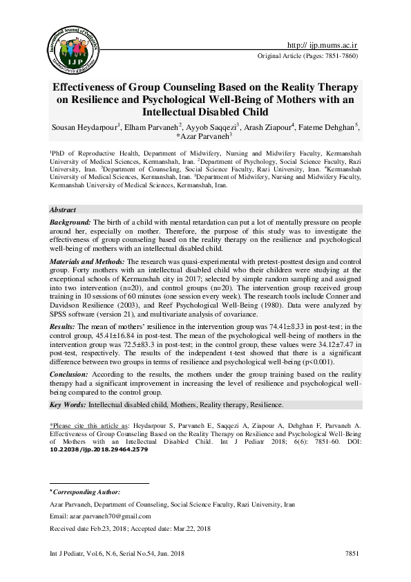 (PDF) Effectiveness of Group Counseling Based on the Reality Therapy on Resilience and ...