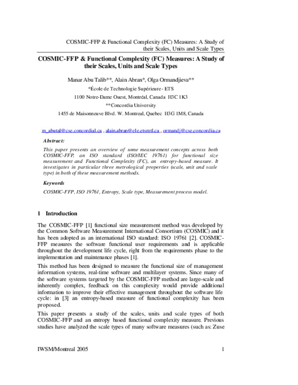 (PDF) COSMIC-FFP & Functional Complexity (FC) Measures: A Study of their Scales, Units and Scale ...