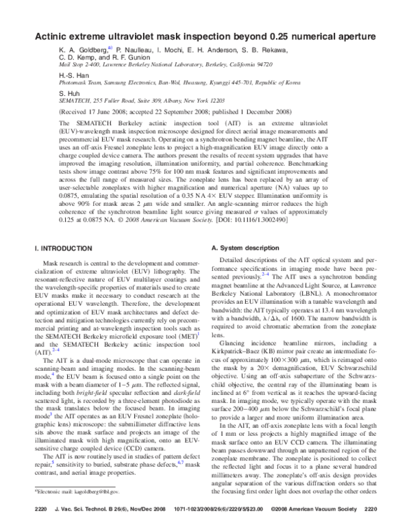 (PDF) Actinic extreme ultraviolet mask inspection beyond 0.25 numerical ...
