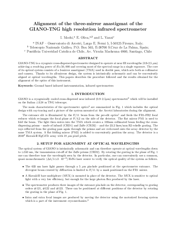 (PDF) Alignment of the three-mirror anastigmat of the GIANO-TNG high resolution infrared ...