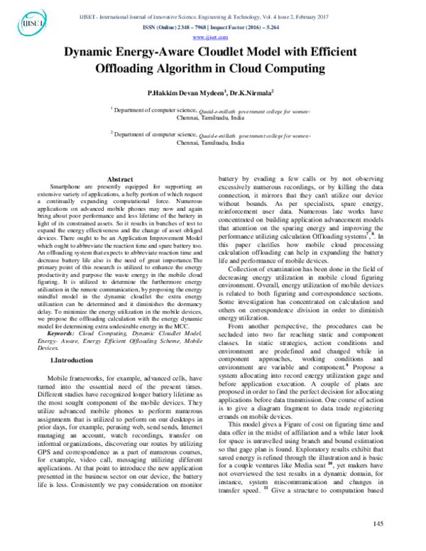 (PDF) Dynamic Energy Aware Cloudlet Model with Efficient Offloading Algorithm in Cloud Computing