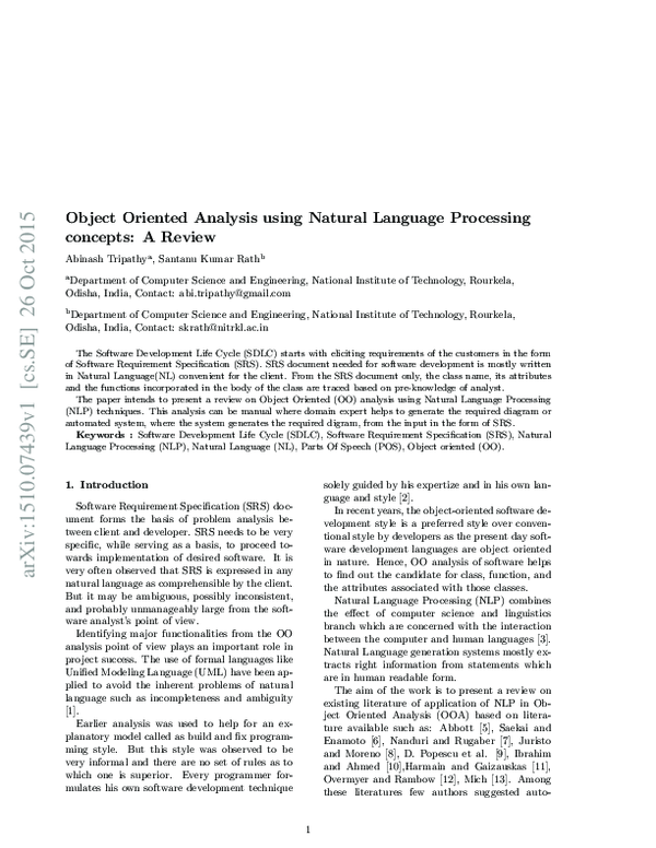 (PDF) Object Oriented Analysis using Natural Language Processing concepts: A Review