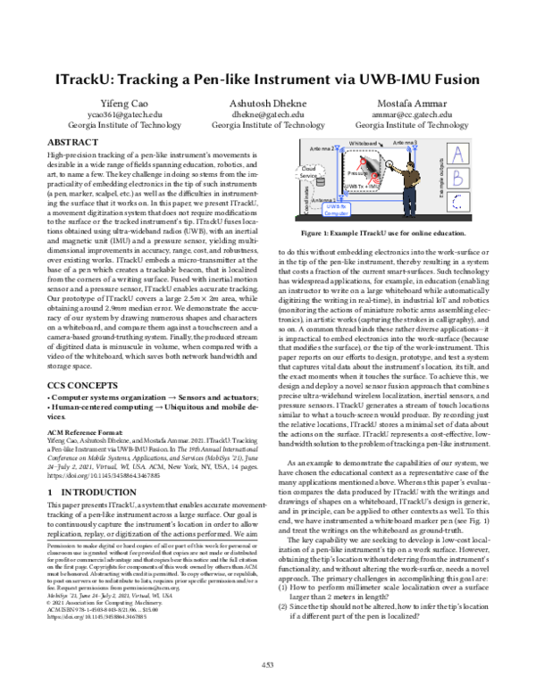 (PDF) ITrackU: tracking a pen-like instrument via UWB-IMU fusion