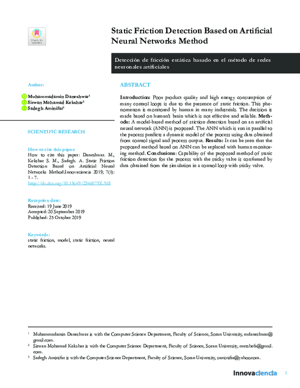 (PDF) Static Friction Detection Based on Artificial Neural Networks Method