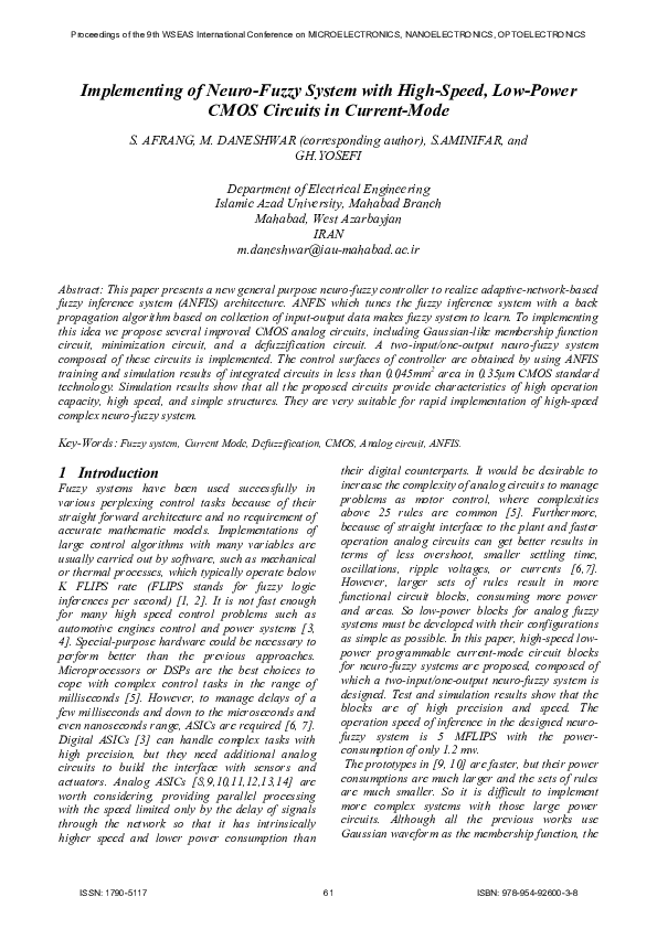 Pdf Implementing Of Neuro Fuzzy System With High Speed Low Power Cmos Circuits In Current Mode