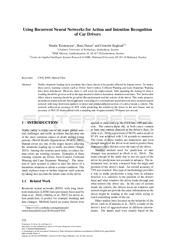 (PDF) Using Recurrent Neural Networks for Action and Intention Recognition of Car Drivers