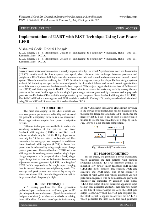 (PDF) Implementation of UART with BIST Technique Using Low Power LFSR