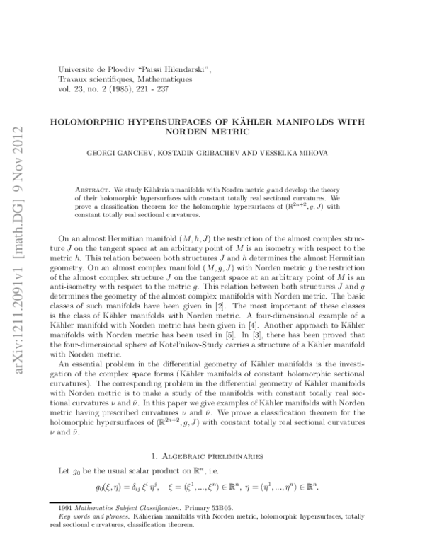 (PDF) Holomorphic hypersurfaces of Kaehler manifolds with Norden metric