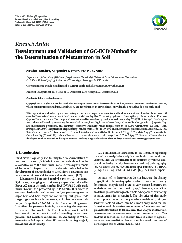(PDF) Development and Validation of GC-ECD Method for the Determination of Metamitron in Soil