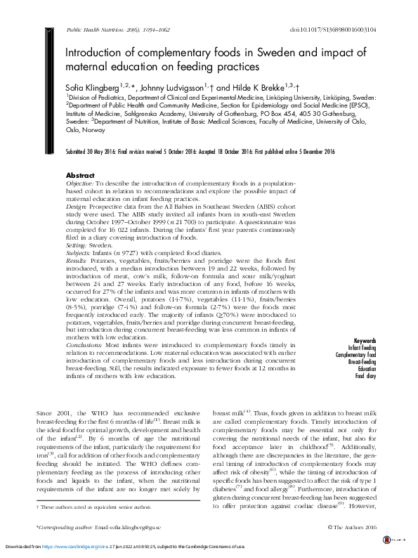(PDF) Introduction of complementary foods in Sweden and impact of ...
