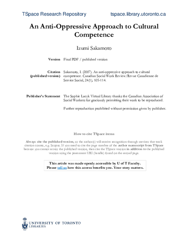 (PDF) An Anti-Oppressive Approach to Cultural Competence