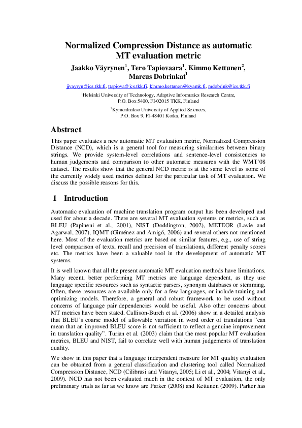 (PDF) Normalized Compression Distance as automatic MT evaluation metric