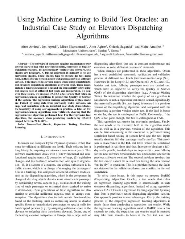 (PDF) Using Machine Learning to Build Test Oracles: an Industrial Case ...
