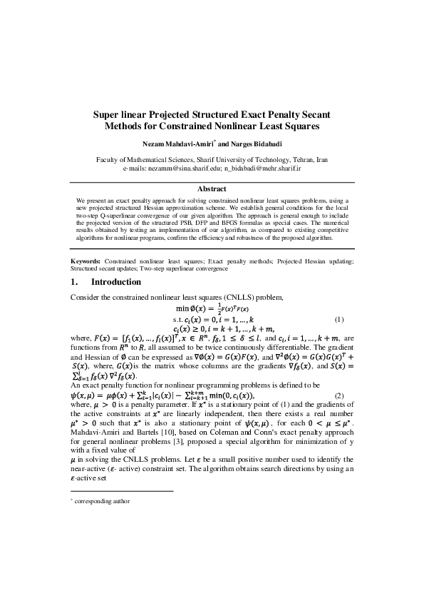 Pdf Super Linear Projected Structured Exact Penalty Secant Methods For Constrained Nonlinear