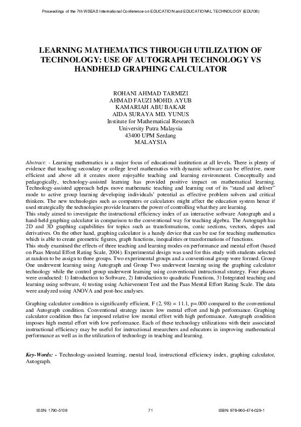 (PDF) Learning Mathematics Through Utilization of Technology: Use of Autograph Technology vs ...
