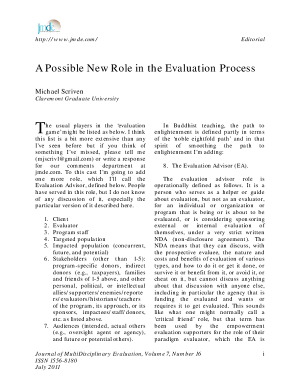 (PDF) A Possible New Role in the Evaluation Process | Michael Scriven ...