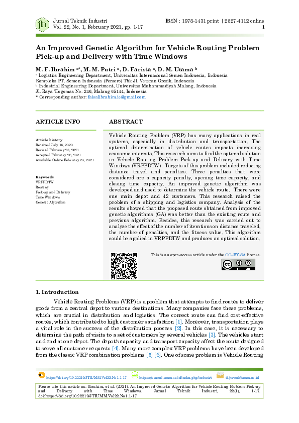 Pdf An Improved Genetic Algorithm For Vehicle Routing Problem Pick Up And Delivery With Time 2807
