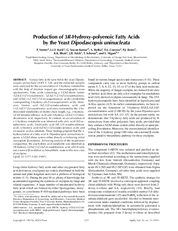 (PDF) 3R-Hydroxy Fatty Acids from Dipodascopsis Yeast