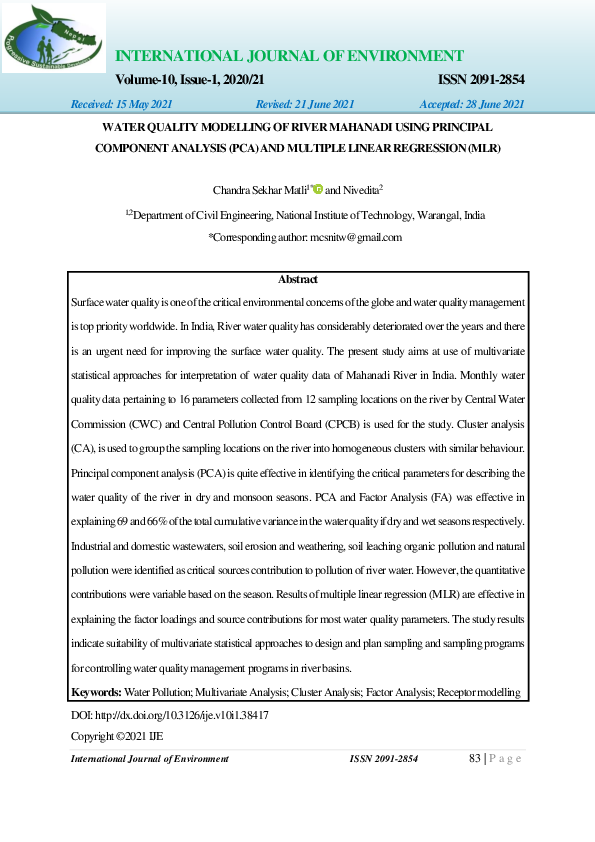(PDF) Water Quality Modelling of River Mahanadi using Principal Component Analysis (PCA) and ...