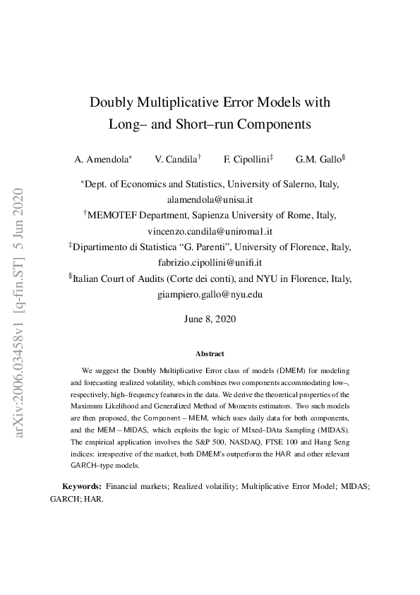 (PDF) Doubly Multiplicative Error Models with Long– and Short–run Components