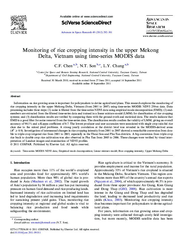 Pdf Monitoring Of Rice Cropping Intensity In The Upper Mekong Delta Vietnam Using Time Series