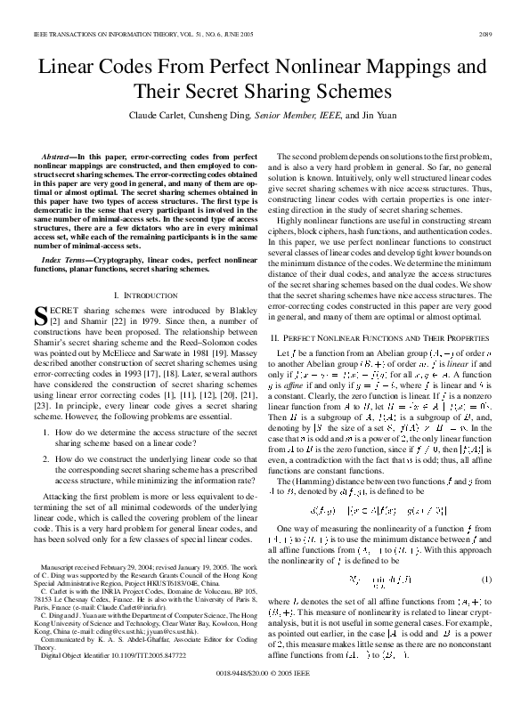 (PDF) Linear Codes From Perfect Nonlinear Mappings and Their Secret ...