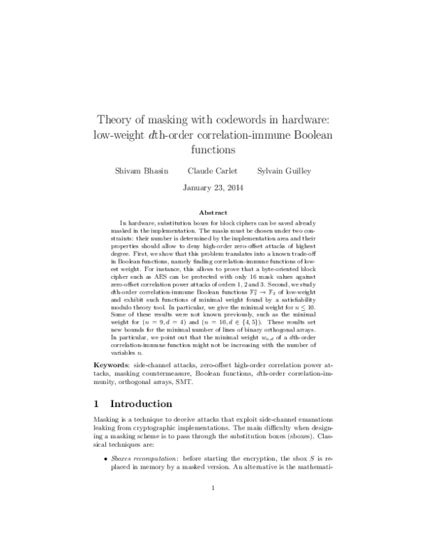 Pdf Theory Of Masking With Codewords In Hardware Low Weight D Th Order Correlation Immune