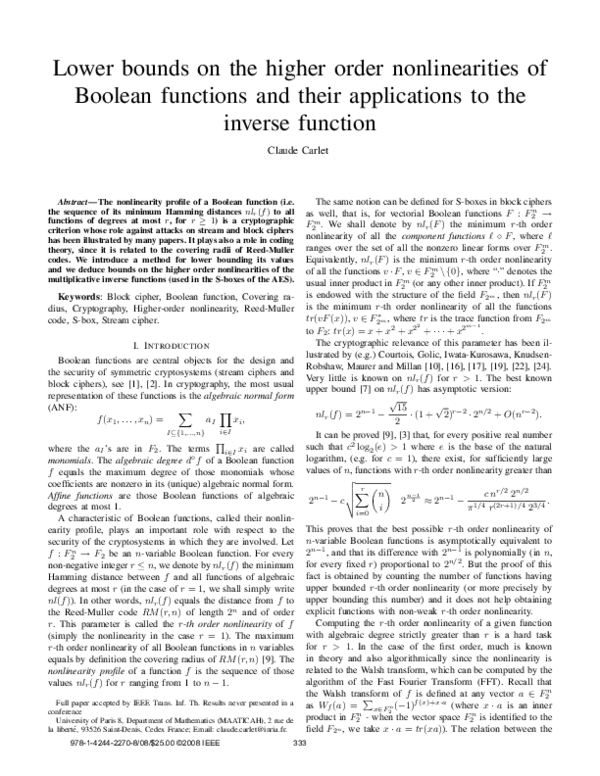 Pdf Lower Bounds On The Higher Order Nonlinearities Of Boolean Functions And Their 