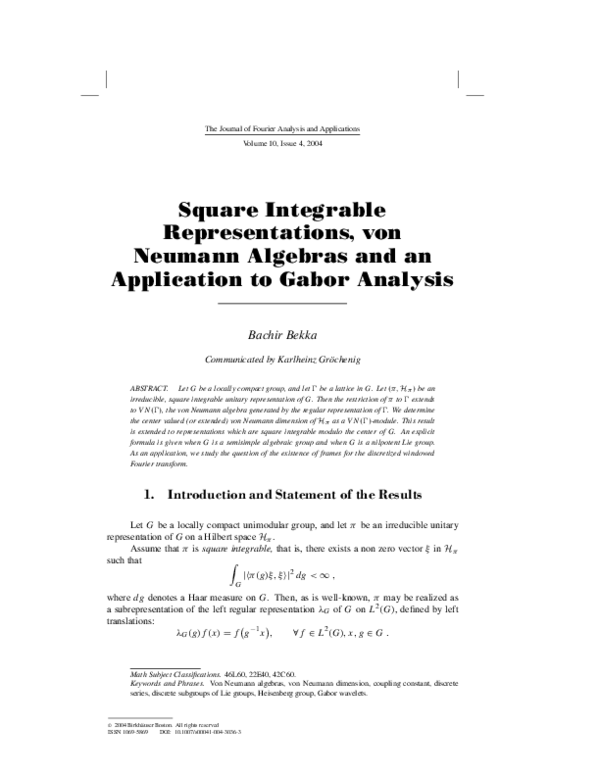 (PDF) Square IntegrableRepresentations, vonNeumann Algebras and AnApplication to Gabor Analysis