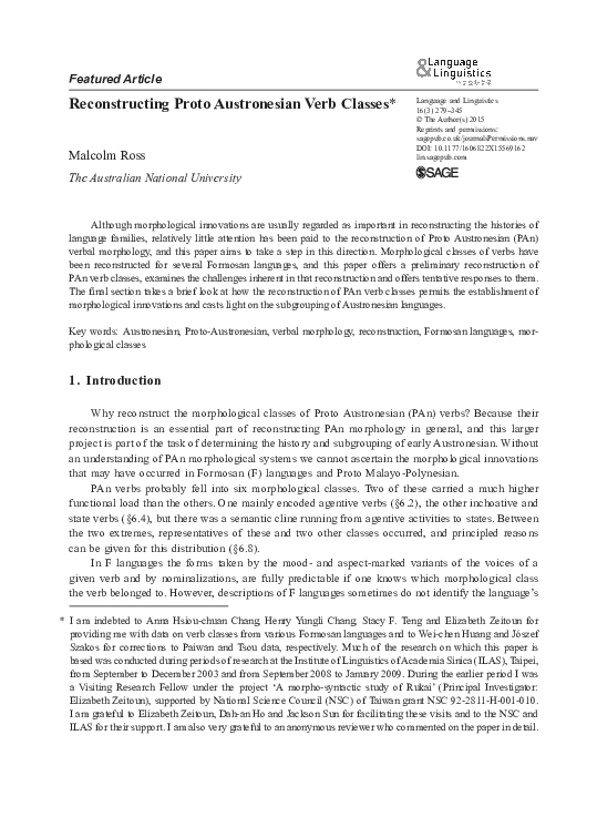 (PDF) Reconstructing Proto Austronesian Verb Classes