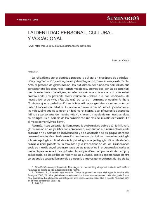 (PDF) La identidad personal, cultural y vocacional