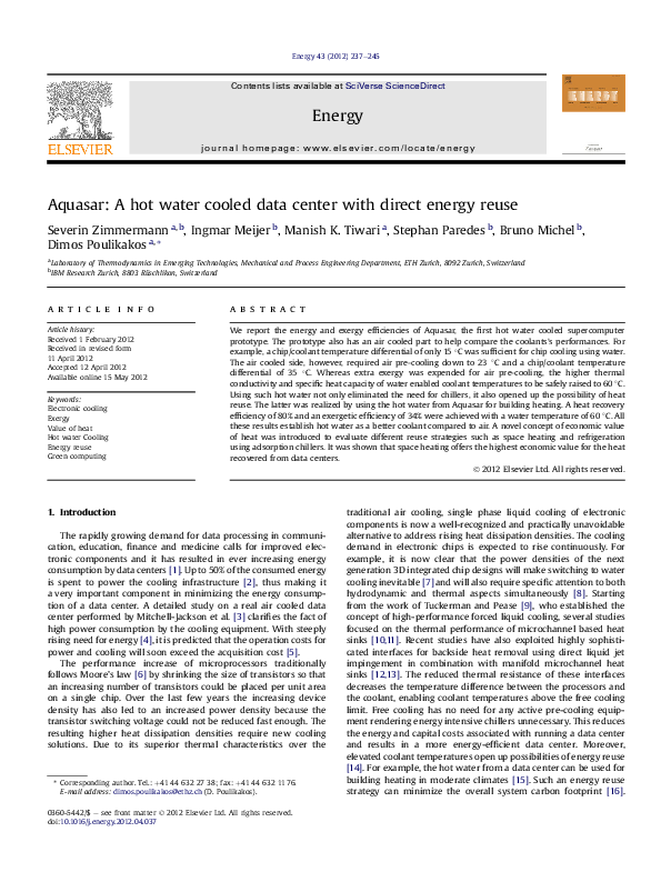 (PDF) Aquasar: A hot water cooled data center with direct energy reuse