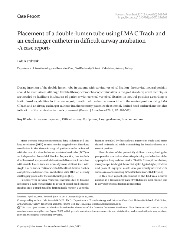 (PDF) Placement of a double-lumen tube using LMA C Trach and an ...