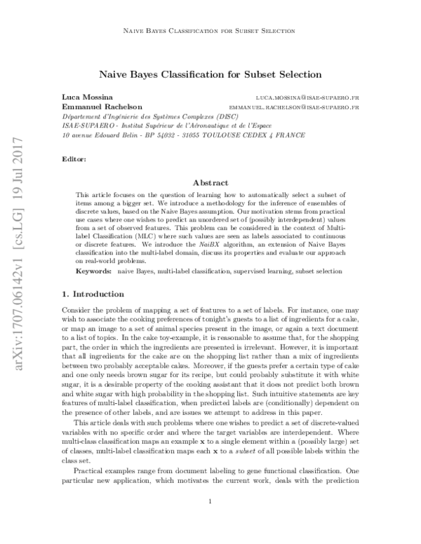 (PDF) Naive Bayes Classification for Subset Selection