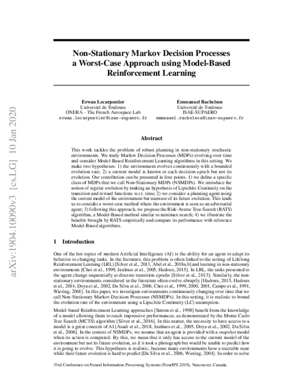 Pdf Non Stationary Markov Decision Processes A Worst Case Approach Using Model Based