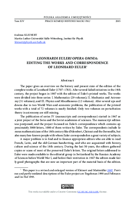 (PDF) Leonhardi Euleri Opera omnia: Editing the works and ...