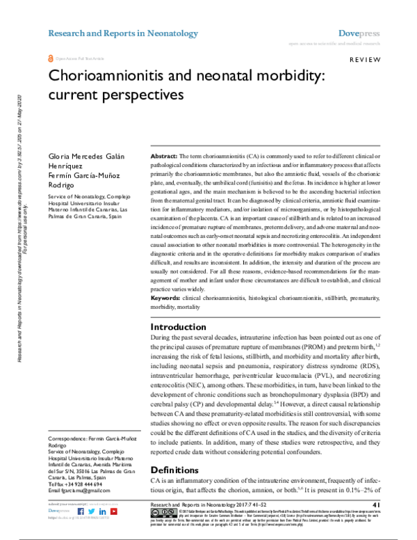 (PDF) Chorioamnionitis and neonatal morbidity: current perspectives
