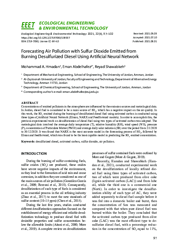 Pdf Forecasting Air Pollution With Sulfur Dioxide Emitted From Burning Desulfurized Diesel