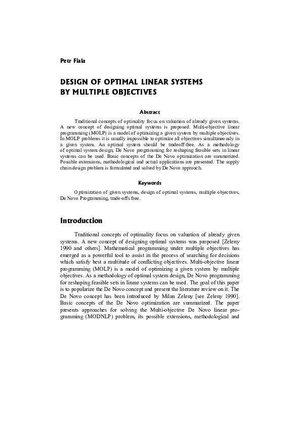 (PDF) Design of Optimal Linear Systems by Multiple Objectives