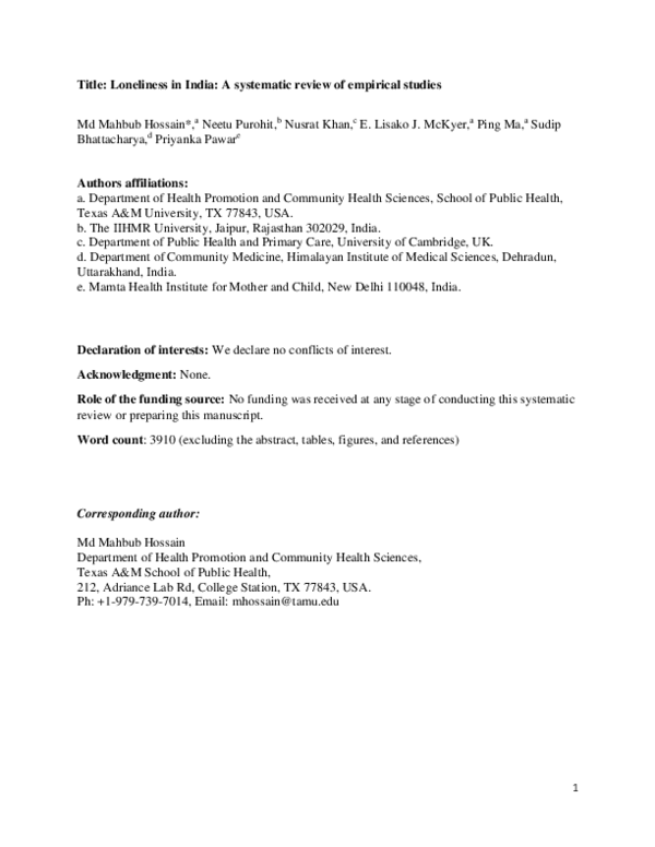 PDF Loneliness In India A Systematic Review Of Empirical Studies pdf-loneliness-in-india-a-systematic-review-of-empirical-studies