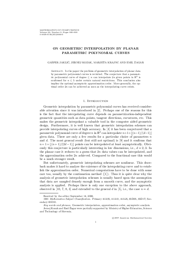 (PDF) On geometric interpolation by planar parametric polynomial curves