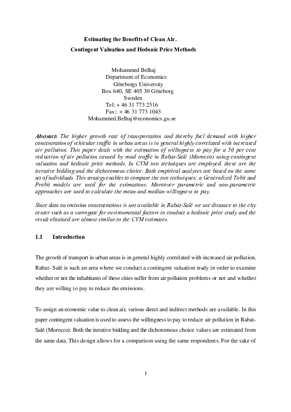 (PDF) Estimating the benefits of clean air contingent valuation and ...