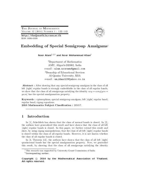 (PDF) Embedding of Special Semigroup Amalgams