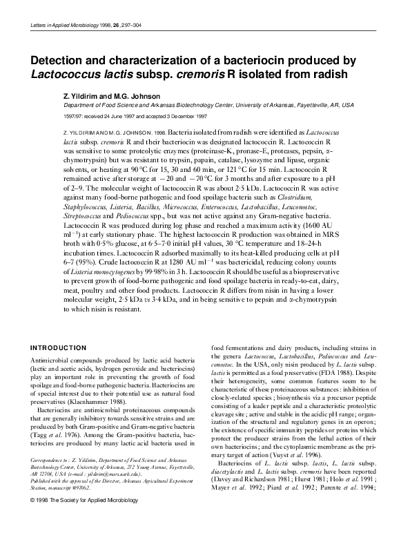 (PDF) Detection and characterization of a bacteriocin produced by Lactococcus lactis subsp ...